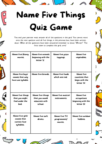 Name Five Things Quiz Game. Teambuilding. Back to School. Lesson Filler ...