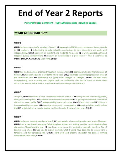 End of Year 2 Reports - Personal / Tutor Comments | Teaching Resources