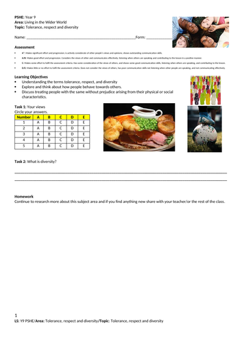 Tolerance, respect and diversity - PSHE - Year 9 | Teaching Resources