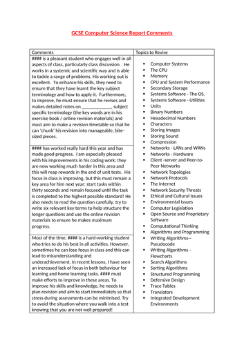 GCSE Computer Science KS4 Year 10/11 Pupil Report Comment Bank ...