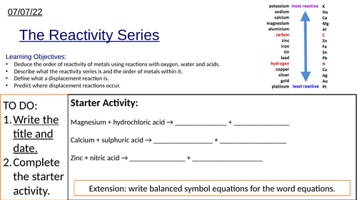 Gcse Chemistry Reactivity Series And Displacement Reactions Complete
