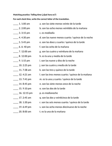 Telling time (¿Qué hora es?) matching practice | Teaching Resources
