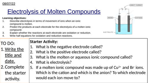 GCSE Chemistry Electrolysis of Molten Compounds Including Half ...