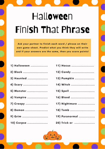 Halloween Finish That Phrase Game Fun Class Game Sheet | Teaching Resources