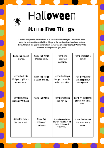Halloween Name Five Things Quiz Game. Teambuilding. Lesson Filler. 5 ...
