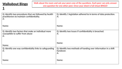 T Level health Unit 2 health and social care revision Walkabout Bingo ...