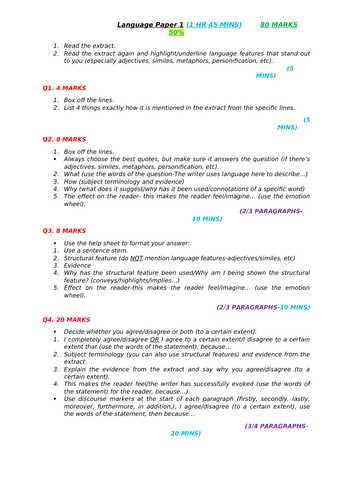 English Language Paper 2 AQA GCSE Format Sheet | Teaching Resources