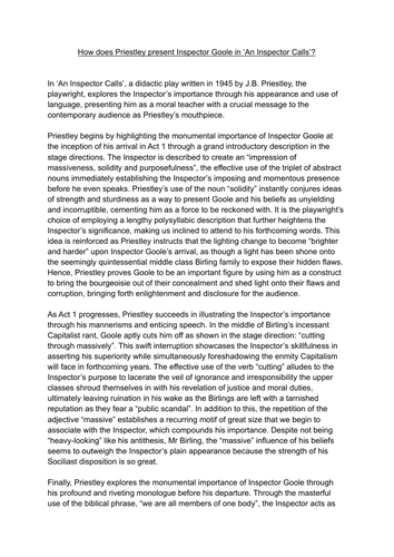 Grade 9 essay on Inspector Goole in 'An Inspector Calls' including ... Grade 9 essay on Inspector Goole in 'An Inspector Calls' including ...