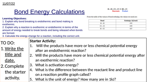 GCSE Chemistry Bond Energy Calculations and Energy Changes: Complete ...