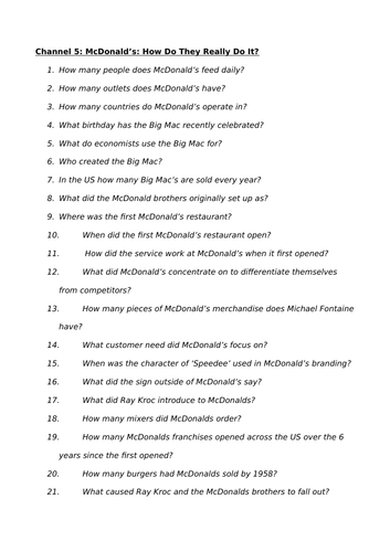 Channel 5 McDonald's Documentary Worksheet | Teaching Resources