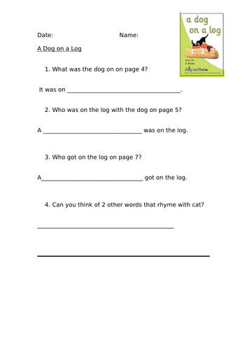 A Dog on A Log (Jelly and Bean A Series) Comprehension | Teaching Resources