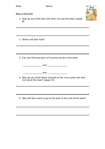 Bear in the Park (Ginn) Comprehension | Teaching Resources