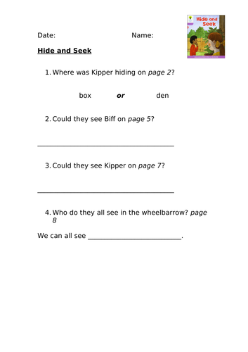 Hide and Seek (ORT Level 1+) Comprehension | Teaching Resources