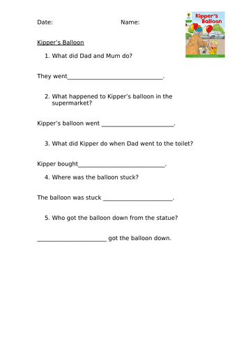 Kipper's Balloon (ORT Level 2) Comprehension | Teaching Resources