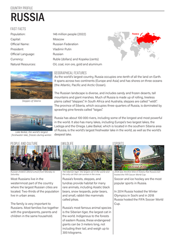 Reading Comprehension Russia Country Facts | Teaching Resources