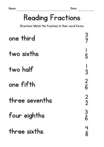 Reading Fractions - Matchup Worksheets | Teaching Resources