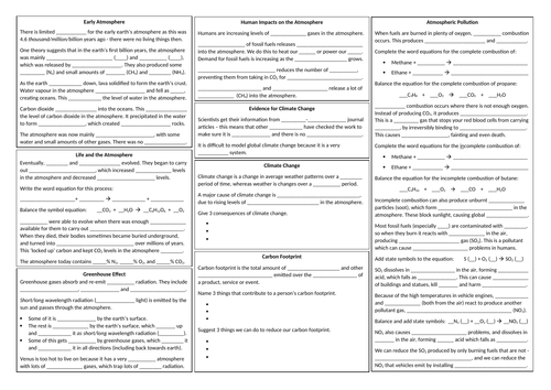 Earth's Atmosphere A3 Revision Summary Sheet with Answers | Teaching ...