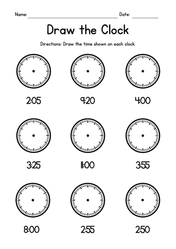 Draw the Clock (5 minutes intervals) Worksheets | Teaching Resources