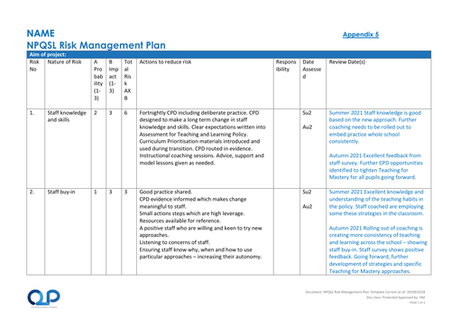 NPQSL Risk Management Plan | Teaching Resources