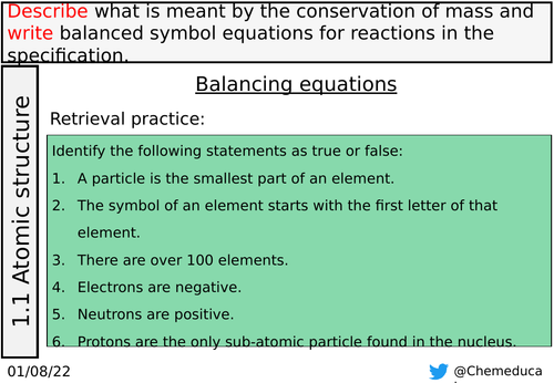 1.1.1 Balancing equations (AQA GCSE Chemistry) | Teaching Resources