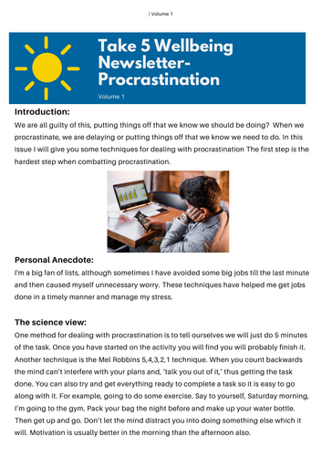 Staff Wellbeing Newsletter- Procrastination (Staff Mental Health ...