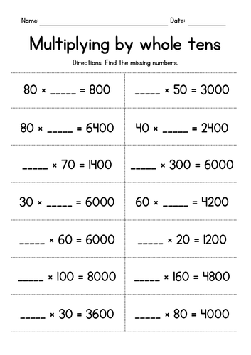Multiplying Whole Tens - Missing Numbers Worksheets | Teaching Resources