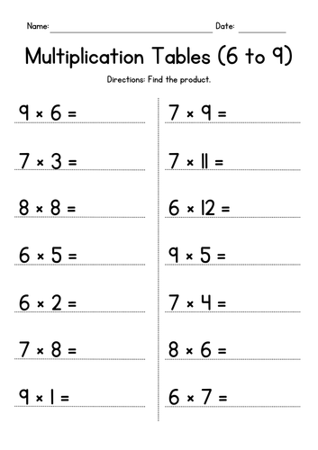 Multiplication Times Tables (6 to 9) Worksheets | Teaching Resources