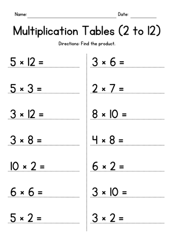 Multiplication Times Tables (2 to 12) Worksheets | Teaching Resources