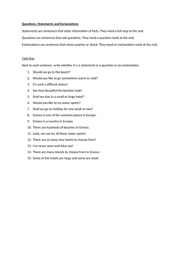 Identify and Punctuate STATEMENTS, QUESTIONS and EXCLAMATIONS about ... Identify and Punctuate STATEMENTS, QUESTIONS and EXCLAMATIONS about ...