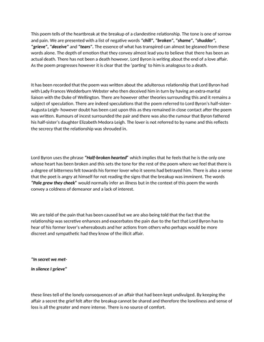 GCSE ENGLISH LITERATURE LORD BYRON 'WHEN WE TWO PARTED' | Teaching ...