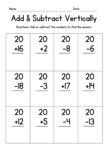 Adding & Subtracting Vertically from 20 | Teaching Resources