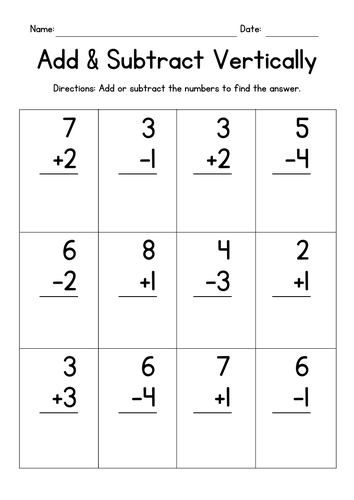 Adding & Subtracting Vertically Single-Digit Numbers | Teaching Resources