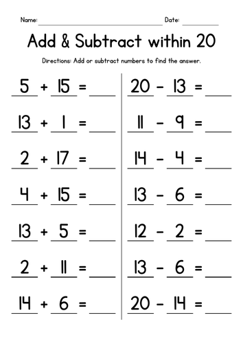 Adding & Subtracting within 20 Worksheets | Teaching Resources Adding & Subtracting within 20 Worksheets | Teaching Resources