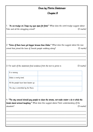 ONCE by Morris Gleitzman Chapter 8 Reading Comprehension YEAR 6 ...