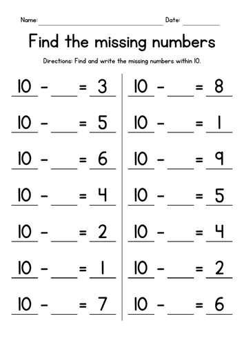 Missing Numbers - Subtracting from 10 | Teaching Resources