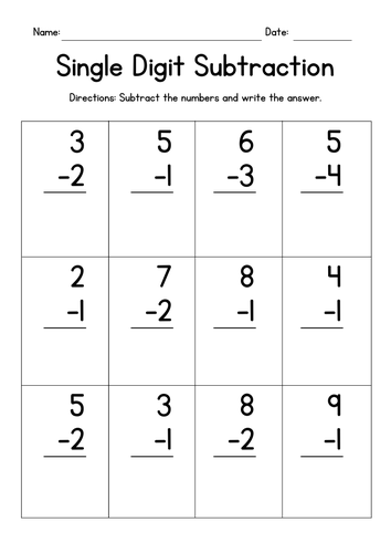 Single-Digit Vertical Subtraction | Teaching Resources