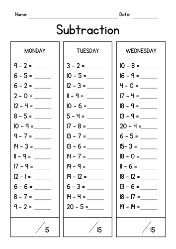 Subtraction - Daily Practice Worksheets | Teaching Resources