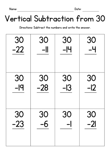 Vertical Subtraction from 30 | Teaching Resources