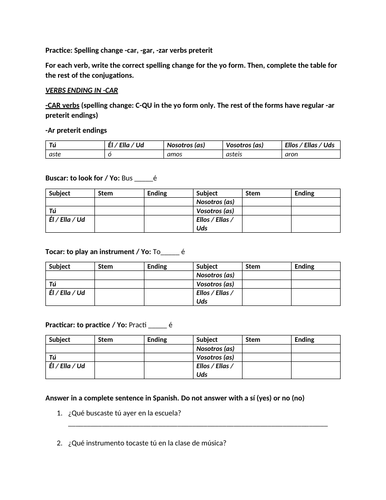Preterit car gar zar spelling change practice | Teaching Resources