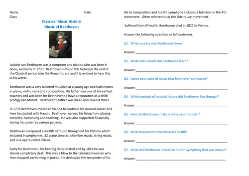 Classical music worksheet - comparing two pieces by Beethoven ...