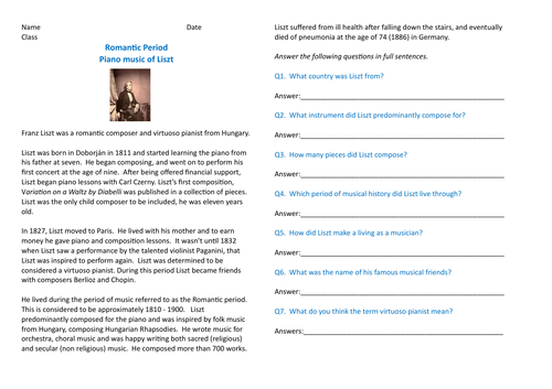 Classical music history worksheet - comparing two pieces by Liszt ...