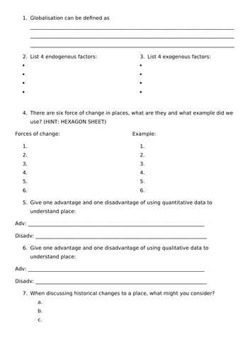AQA Changing Places Quick Quiz | Teaching Resources AQA Changing Places Quick Quiz | Teaching Resources