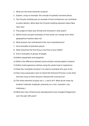 AQA Changing Places - Quick Quiz | Teaching Resources AQA Changing Places - Quick Quiz | Teaching Resources