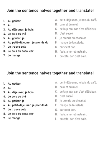 Food - match the sentence halves | Teaching Resources