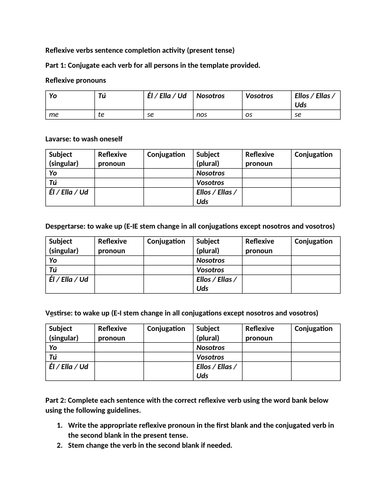 Reflexive verbs sentence completion activity | Teaching Resources