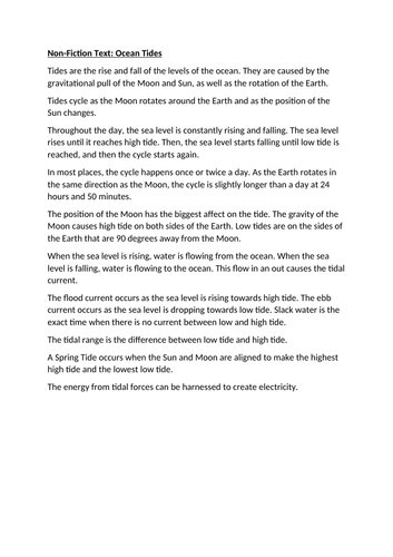 NON FICTION Text About Tides with TRUE or FALSE COMPREHENSION ...