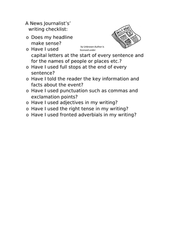 News Journalist's' checklist | Teaching Resources