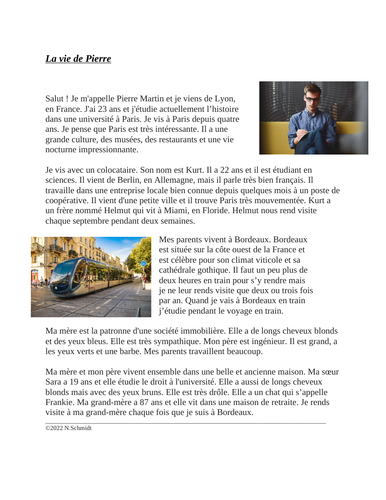 French Beginner Reading Comprehension with 15 questions "La vie de ...