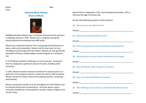 Classical music worksheet KS3 - comparing two pieces by Mozart ...
