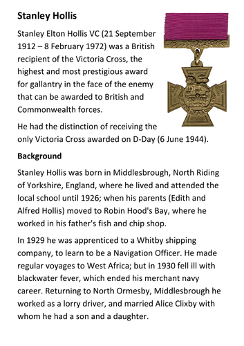 Stanley Hollis - Victoria Cross on D-Day Handout | Teaching Resources